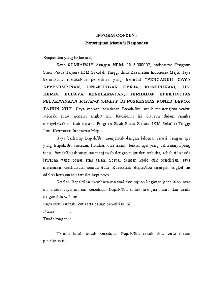INFORM CONSENT+Kuesioner Sumi | PDF