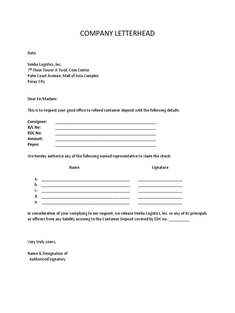 Container Deposit Refund Request Letter | PDF | Finance & Money Management