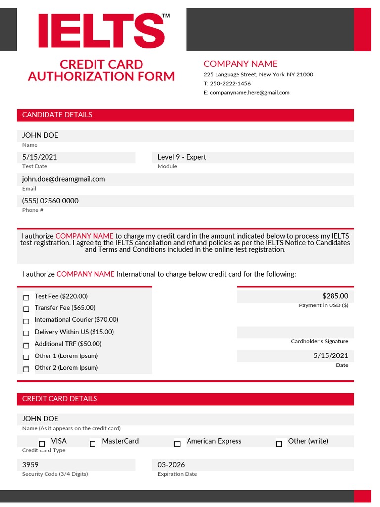IELTS Credit Card Authorization Form | PDF