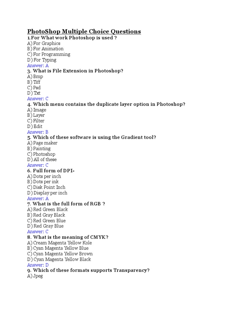PhotoShop Multiple Choice Questions | PDF | Adobe Photoshop | Computer ...