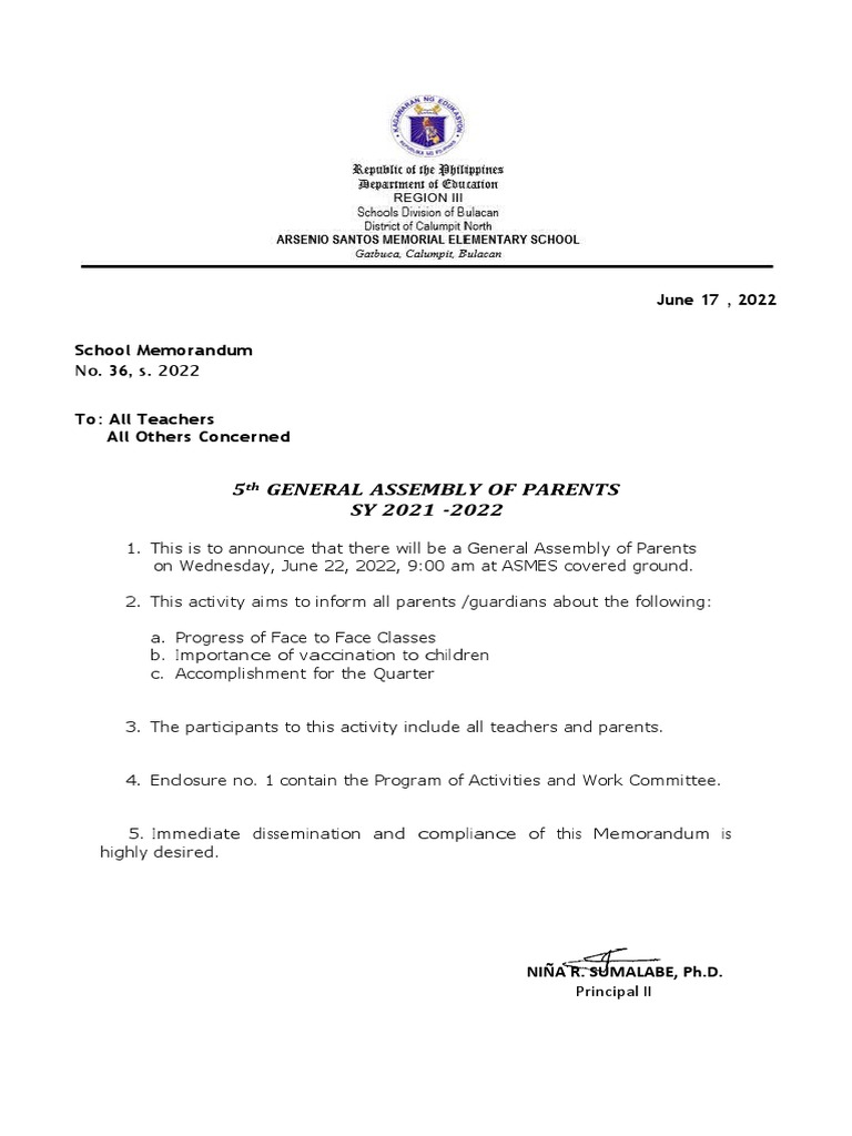 Memo-ACR-Attendance 5TH GENERAL ASSEMBLY S.Y. 2021-2022 | PDF