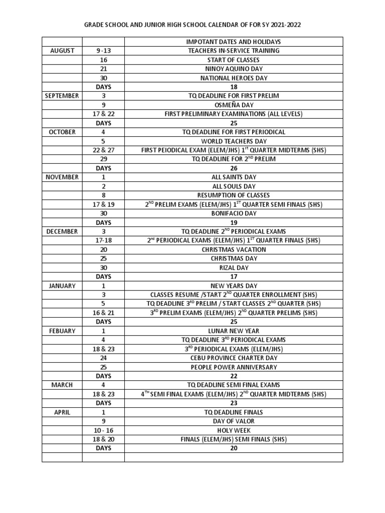 GRADE SCHOOL AND JUNIOR HIGH SCHOOL CALENDAR OF FOR SY 2021 - No ...