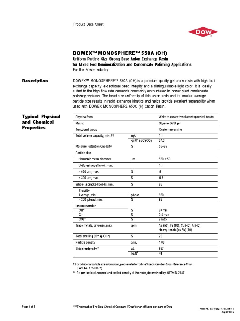Dowex Monosphere 550a Oh Dow | PDF | Dow Chemical Company | Ion