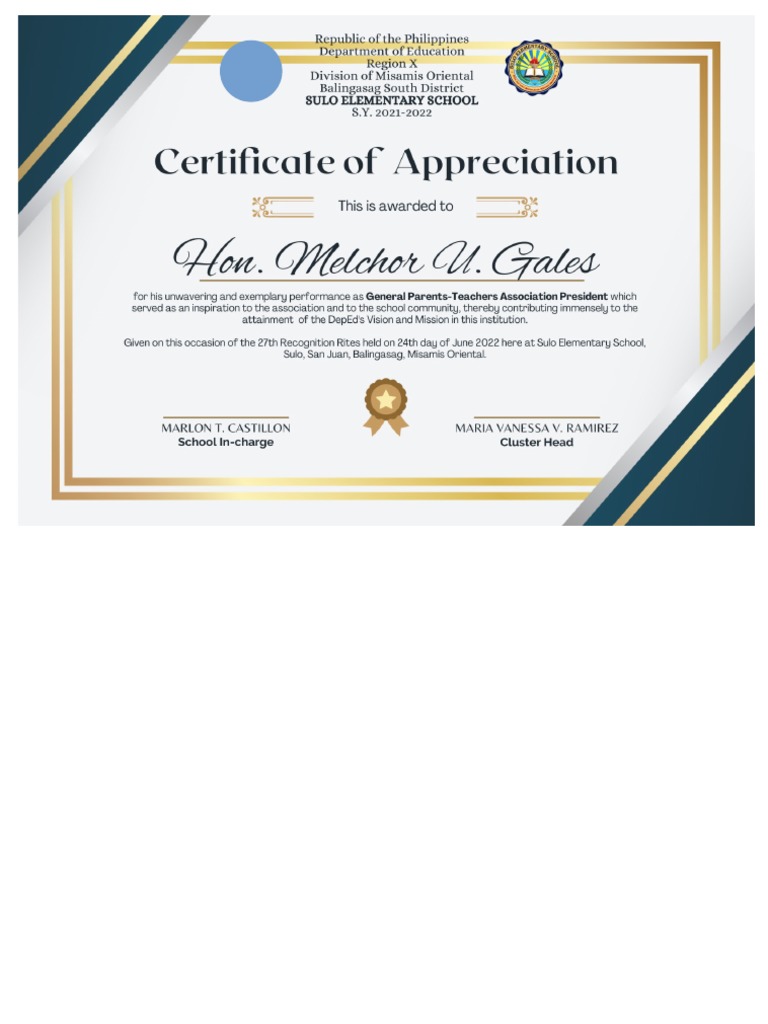 GPTA PRESIDENT Certificate of Appreciation 2022 | PDF