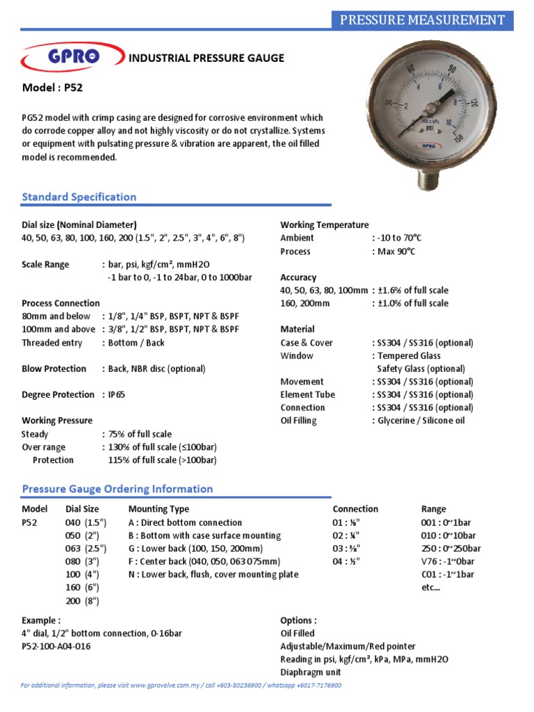 Industrial Pressure Gauge Model: P52: Standard Specification | PDF | Stainless Steel | Pressure ...