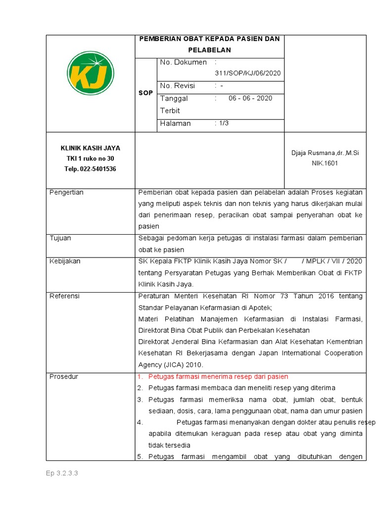 1 Sop Pemberian Obat Kepada Pasien Dan Pelabelan | PDF | Kesehatan Holistik