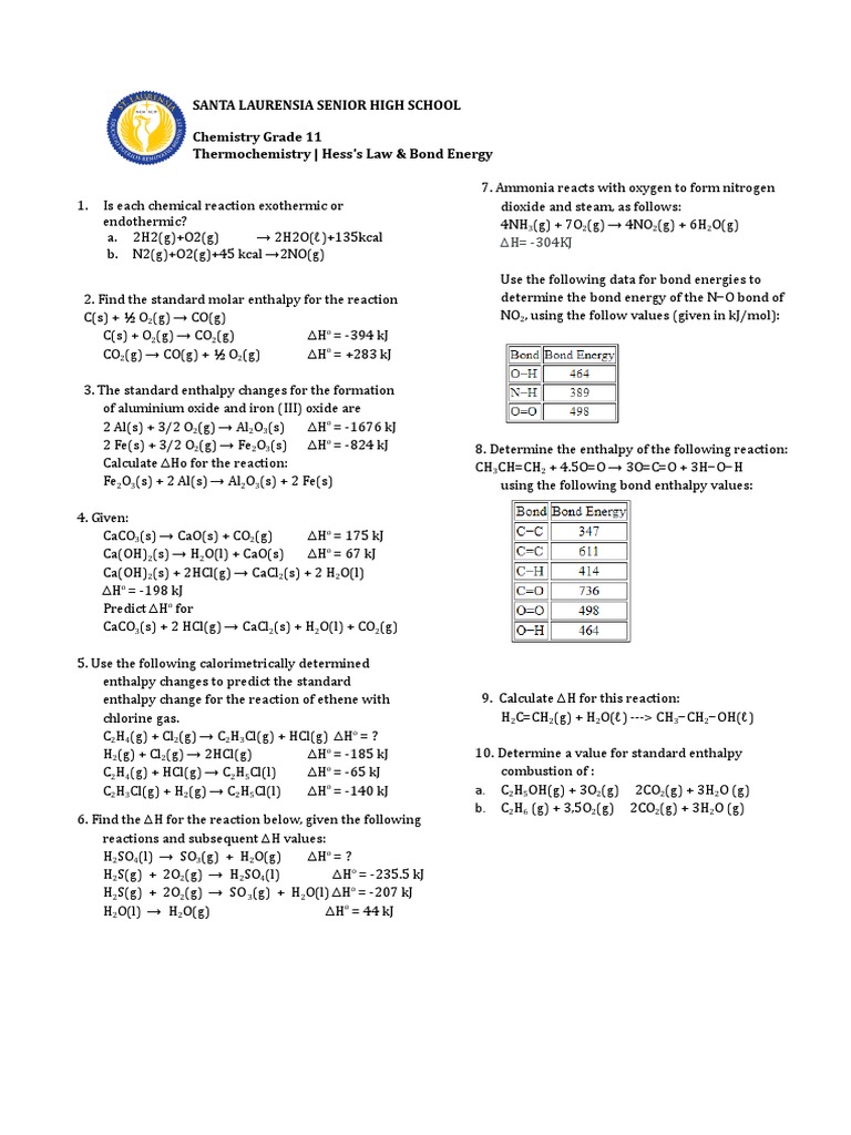 Hess's Law Worksheet for Chemistry 12 | PDF | Chemical Compounds ...