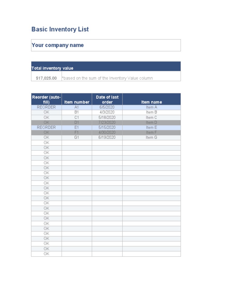 Basic Inventory List: Your Company Name | PDF | Inventory | Production ...