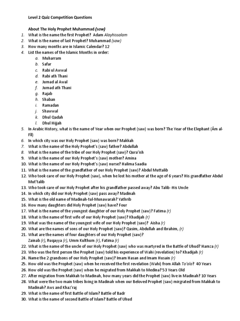 Level 2 Quiz Competition Questions About The Holy Prophet Muhammad (Saw ...