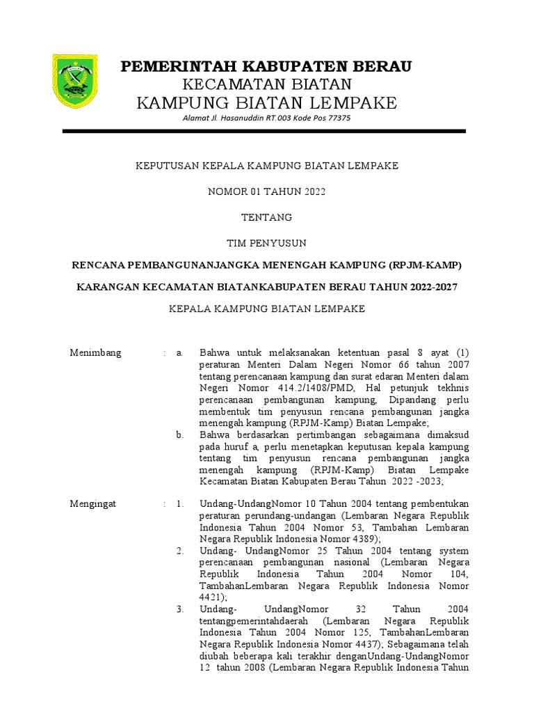 Tim Penyusun RPJM-Kamp Biatan Lempake | PDF | Griya & Taman