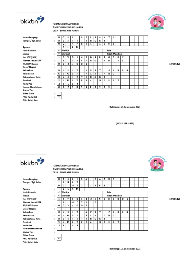 Formulir Tim Pendamping Stunting 2021 | PDF