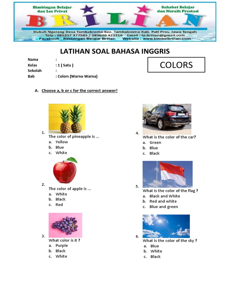 Soal Bahasa Inggris Bab Colors Warna-Warna Dan Kunci Jawaban | PDF ...