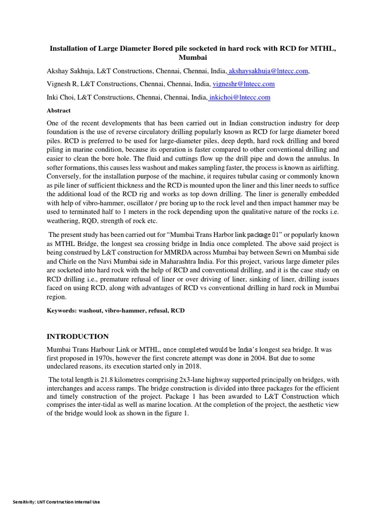 Installation of Large Diameter Bored Pile Socketed in Hard Rock With ...