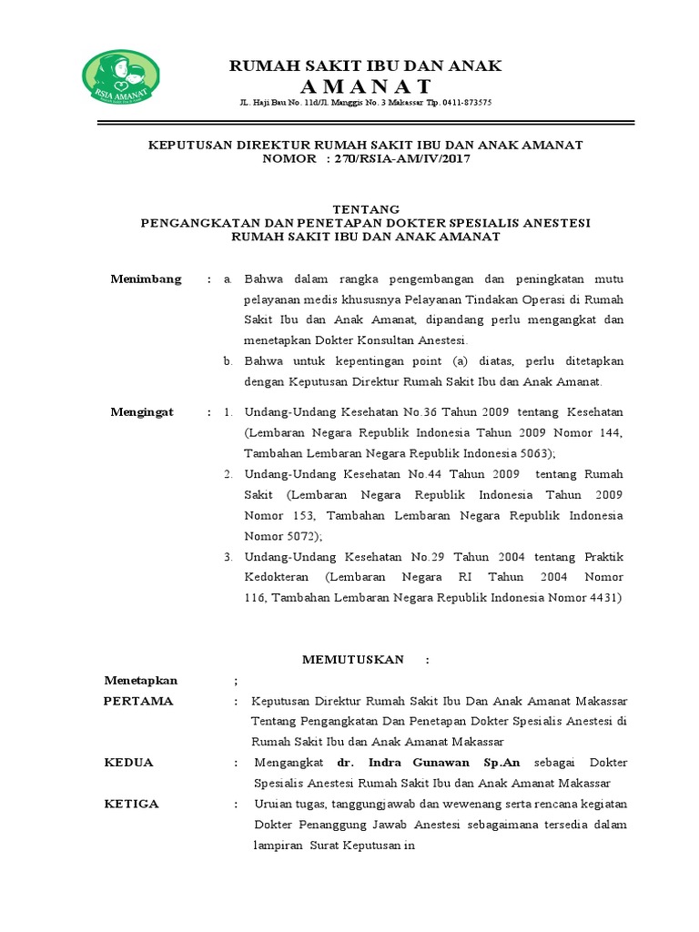 Pengangkatan Dokter Anestesi RSIA Amanat | PDF | Kesehatan Holistik ...