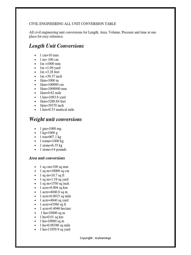 Civil Engineering All Unit Conversion | PDF