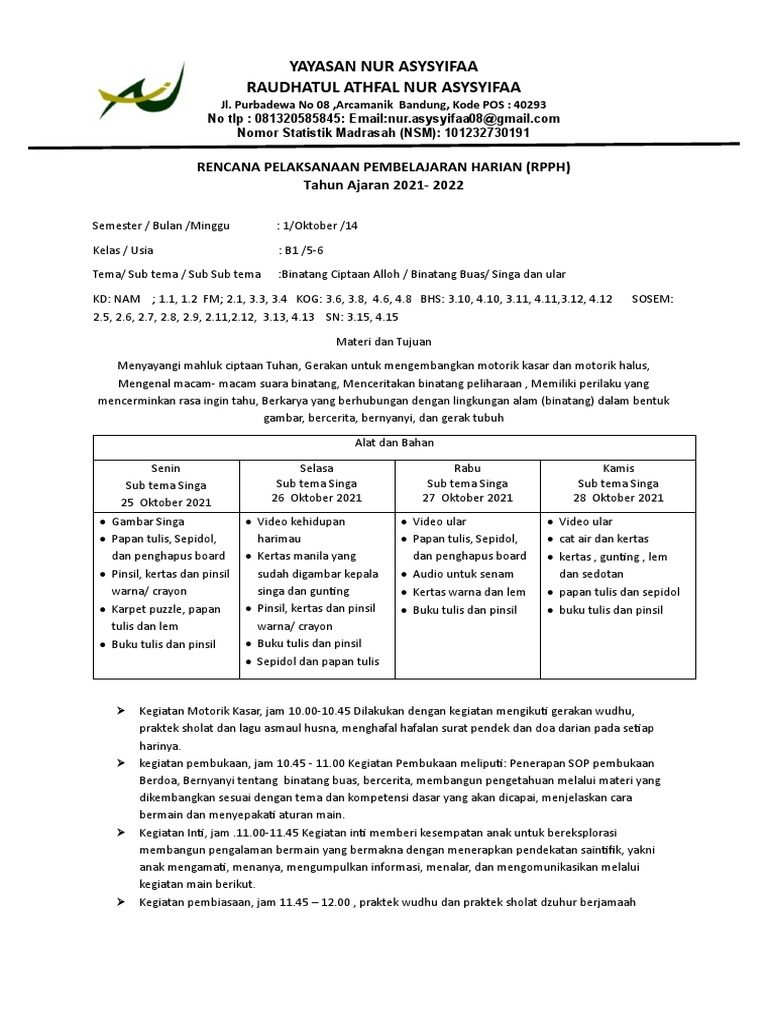 RPPH Tema Binatang Buas untuk TK | PDF