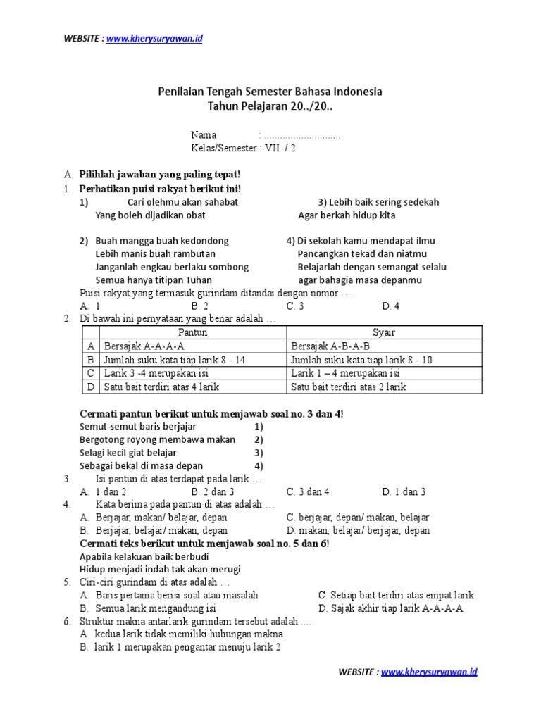 Soal PTS Bahasa Indonesia Kelas VII Semester Genap - WEBSITE WWW - Kherysuryawan.id | PDF