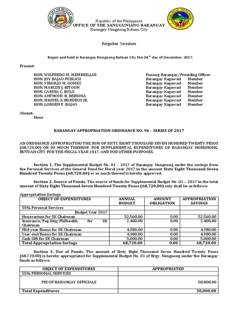 Appro. Ordinance For Supplemental Budget No. 01-2017 | PDF | Government