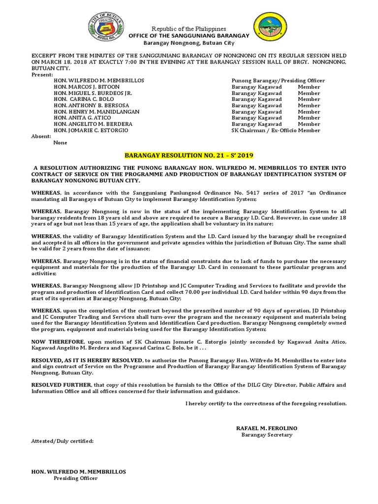 Barangay ID System Implementation Resolution | PDF | Identity Document ...