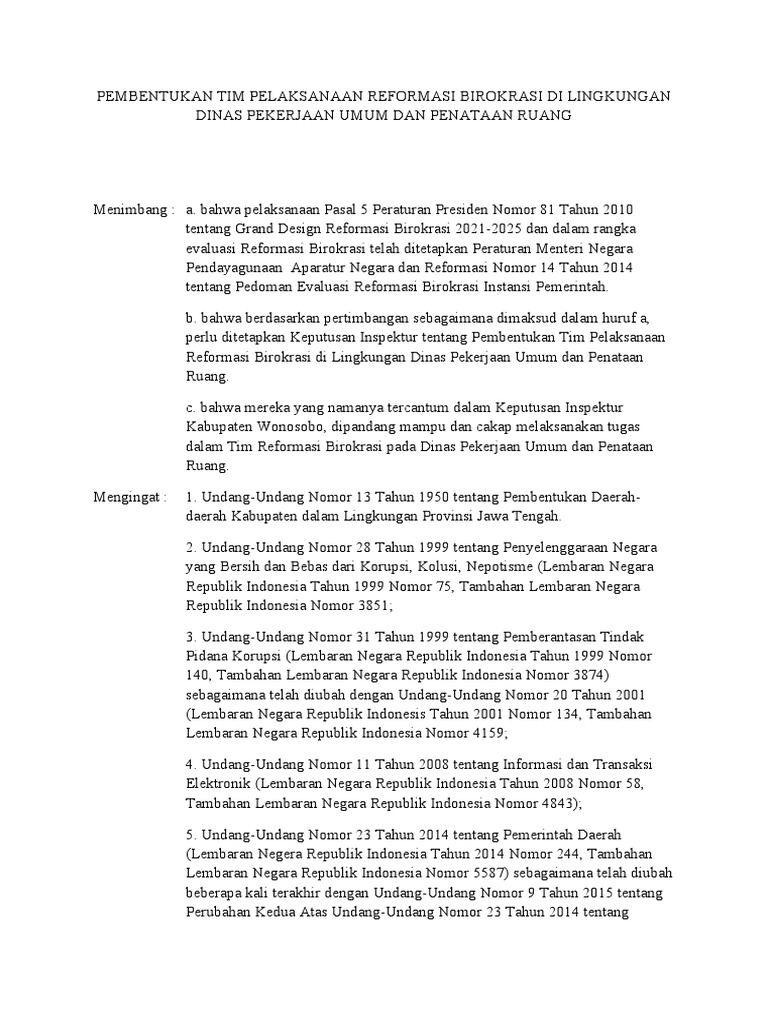 Pembentukan Tim Pelaksanaan Reformasi Birokrasi Di Lingkungan Dinas Pekerjaan Umum Dan Penataan ...