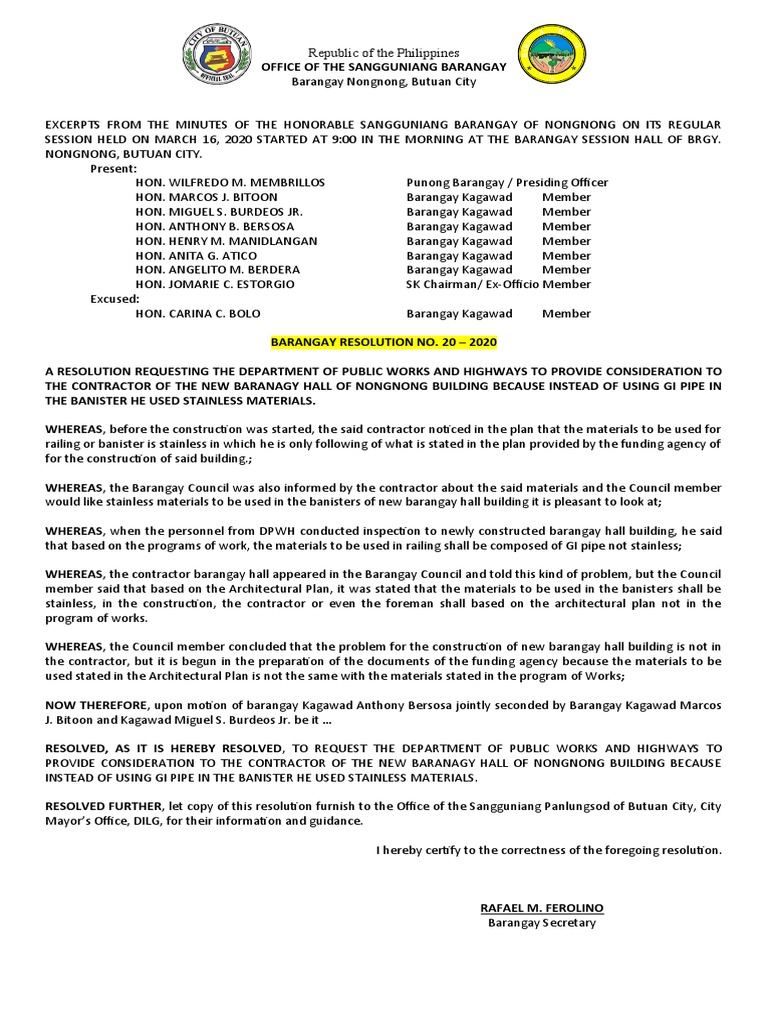 Resolution Request To DPWH For Stainless Materials in The Banisters ...