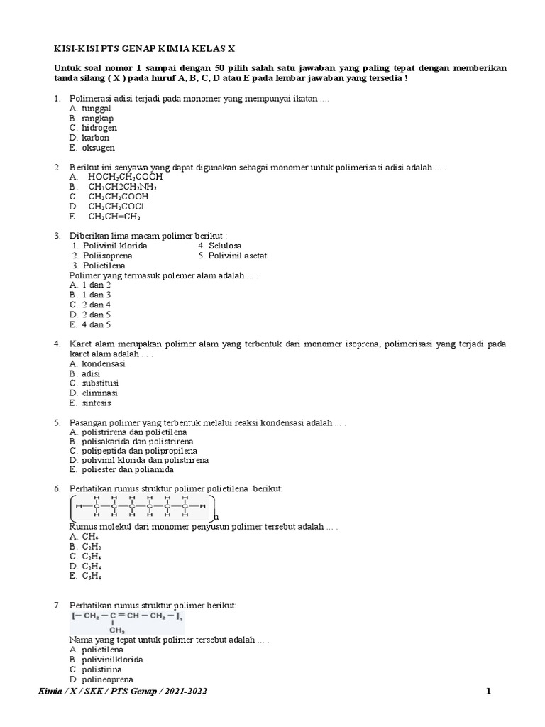 Kisi-Kisi Kimia - X - SKK - PTS Genap 2122 | PDF | Metode & Bahan Ajar | Sains & Matematika