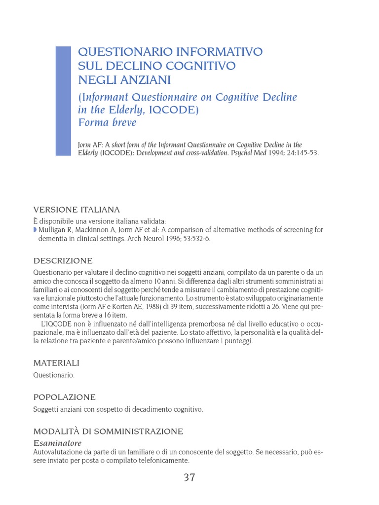 Questionario Informativo Sul Declino Cognitivo Negli Anziani | PDF