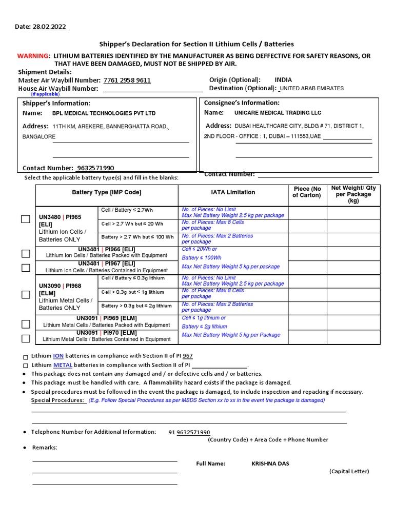 Lithium Battery Declaration Form | PDF | Galvanic Cells | Battery ...
