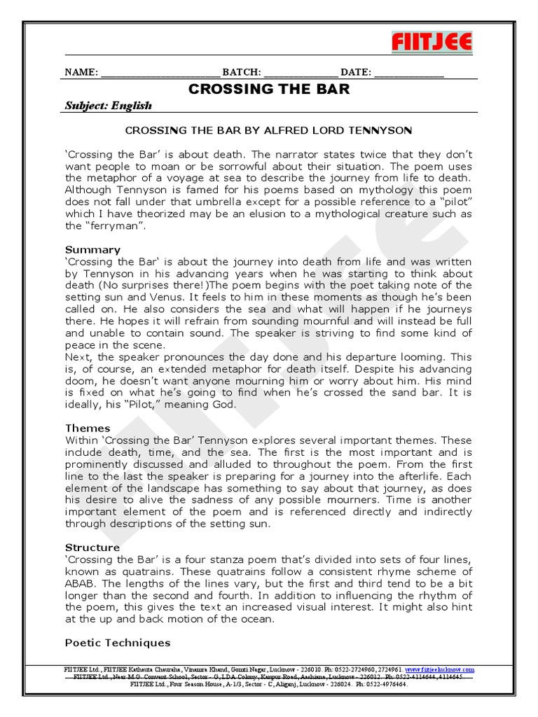 Crossing The Bar: Subject: English | PDF | Poetry