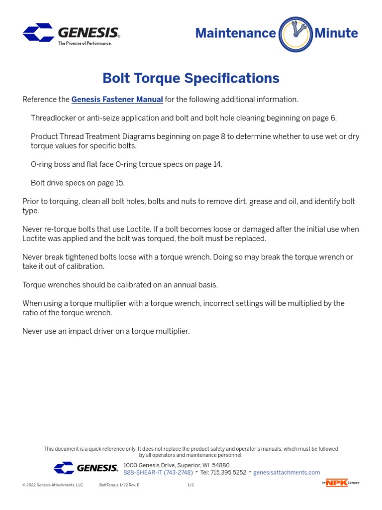 Bolt Torque Specifications: Maintenance Minute | PDF | Screw | Tools