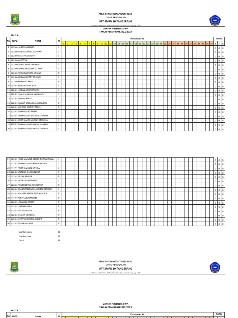 Daftar Absensi Siswa Adm Guru Kls 7 Publish | PDF