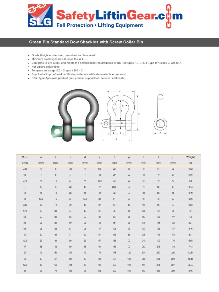 Green Pin Standard Bow Shackles With Screw Collar Pin: W.L.L A B C D e ...
