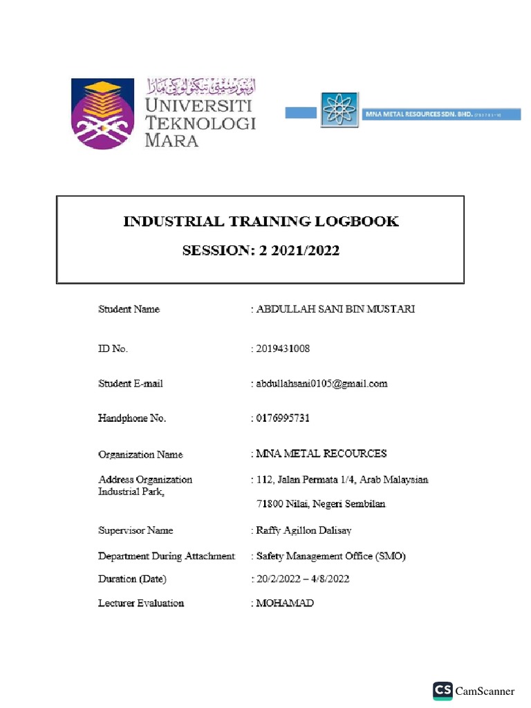 Industrial Training Logbook Abdullah Sani J4EH1106A 2019431008 | PDF