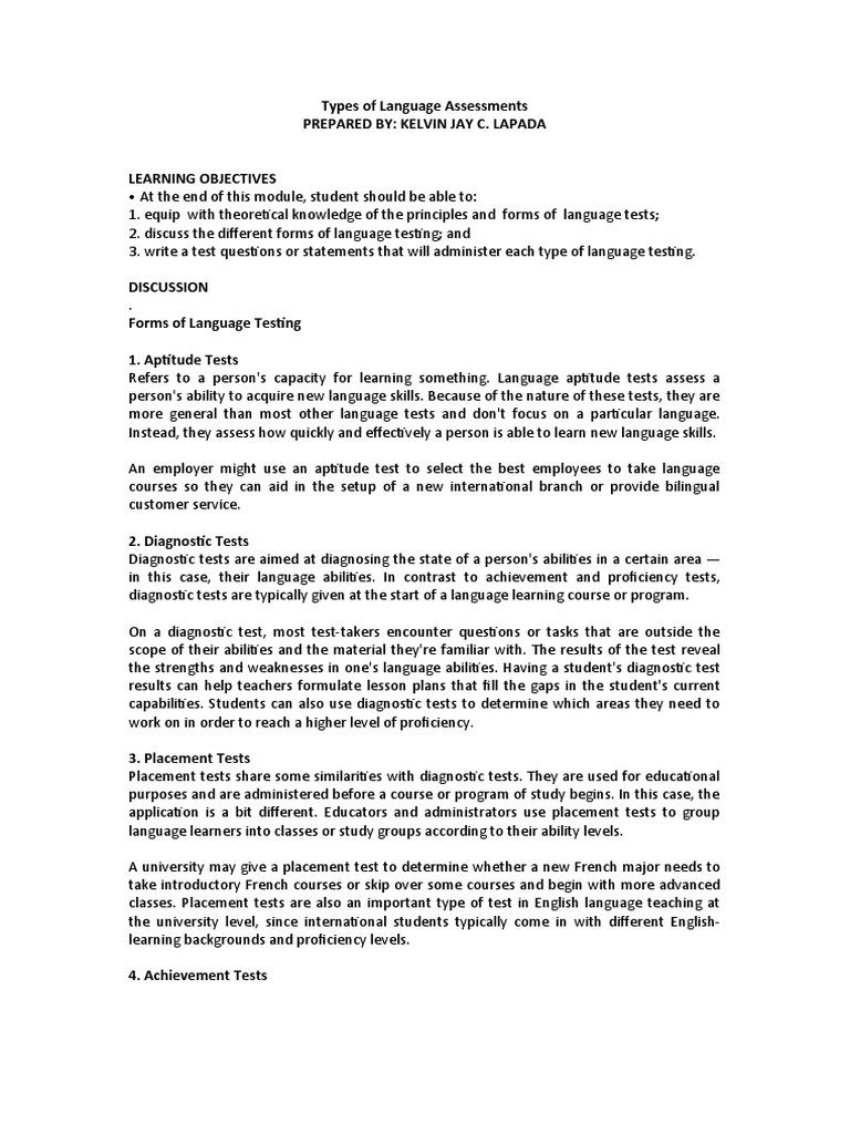 Types of Language Assessments Explained | PDF | Test (Assessment) | Speech