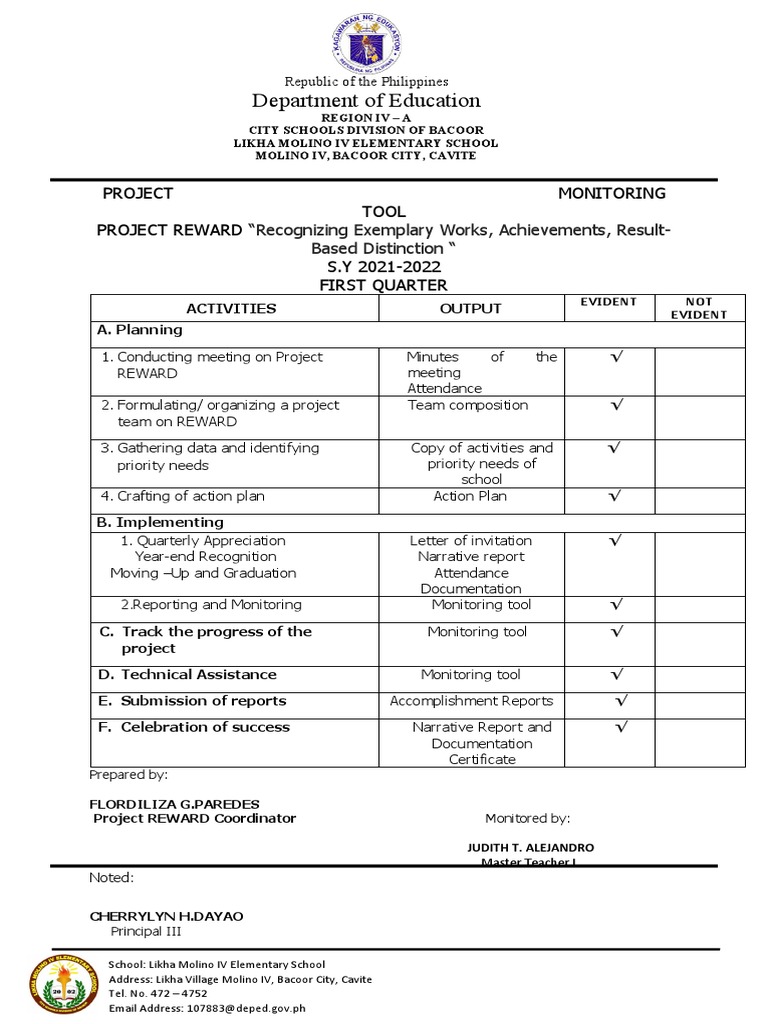Department of Education: Project Monitoring Tool Project Reward S.Y ...