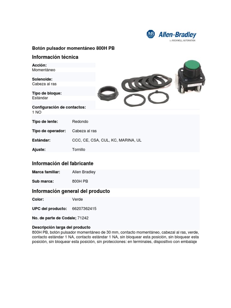 Ficha Técnica 800H-AR1D1 Botón Pulsador | PDF