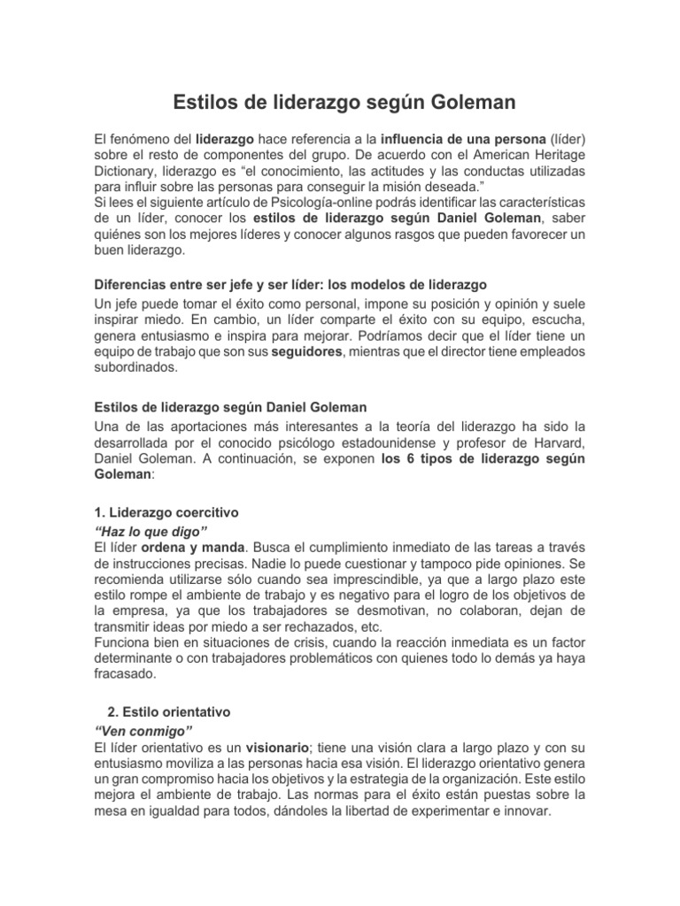 Estilos de liderazgo según Goleman | PDF | Liderazgo | Sicología