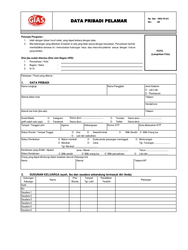 .03.formulir Data Pribadi Pelamar | PDF