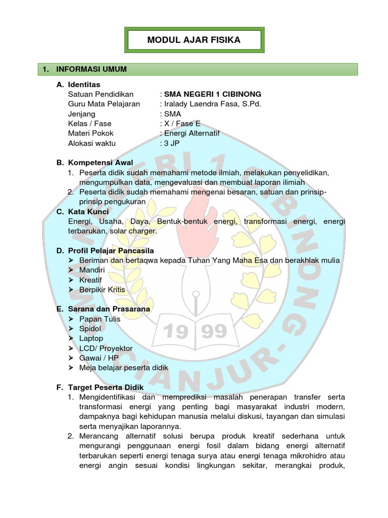 Modul Ajar Fisika (Materi - Energi Alternatif) | PDF