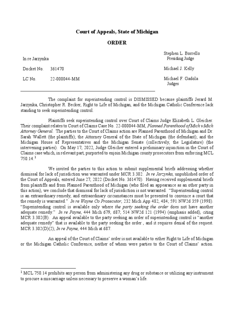 MI Court of Appeals Order in #361470- In Re Jarzynka | PDF | Prosecutor ...