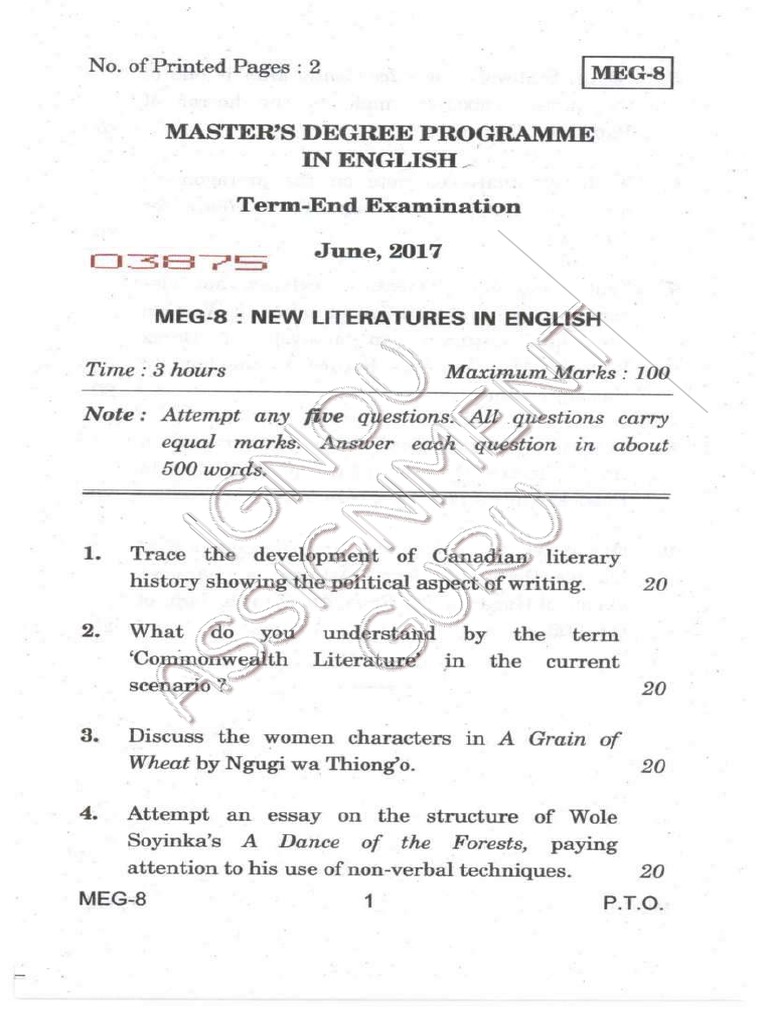 Master'S Degree Programme in English Term-End Examination June, 2017 | PDF