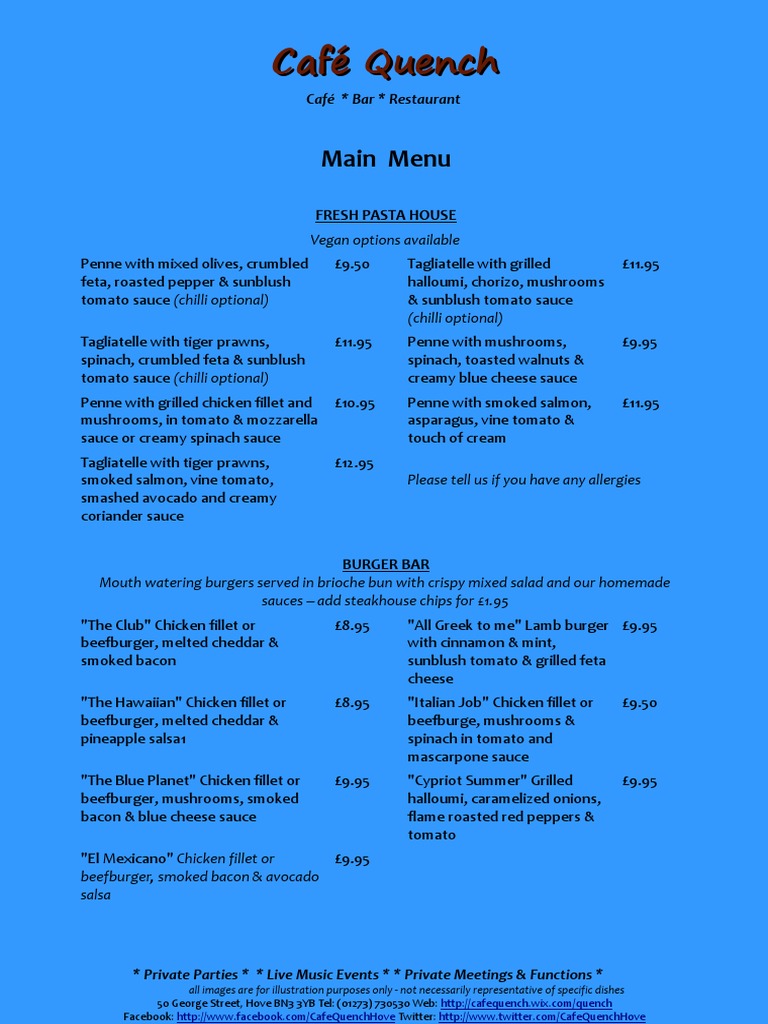 Café Quench Menu: Fresh Pasta & Burgers | PDF | Hamburgers | Smoothie