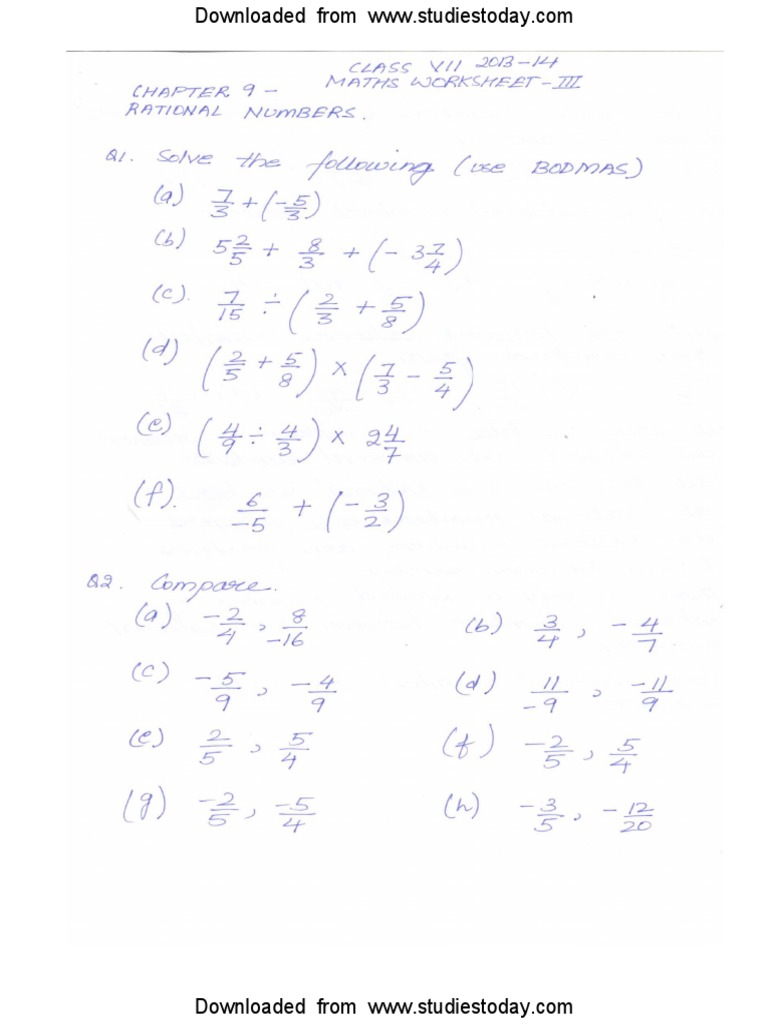 CBSE Class 7 Mathematics Rational Numbers Worksheet Set A | PDF