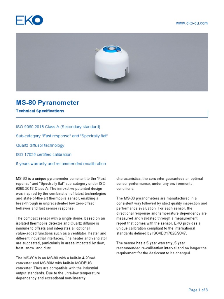 MS-80 Pyranometer: Technical Specifications | PDF | Measuring Instrument | Manufactured Goods