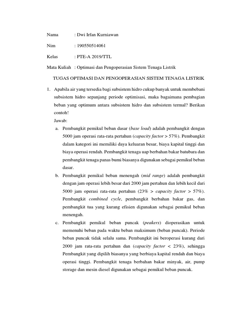 Dwi Irfan Kurniawan - Tugas 4 Optimasi Dan Pengoperasian Sistem Tenaga Listrik | PDF | Teknologi ...