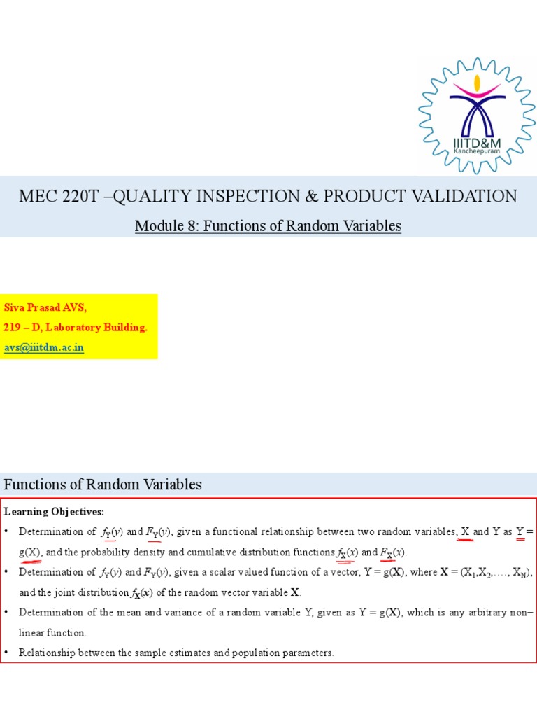 QIPV 8 - Functions of RandomVariables | PDF | Probability Distribution | Random Variable