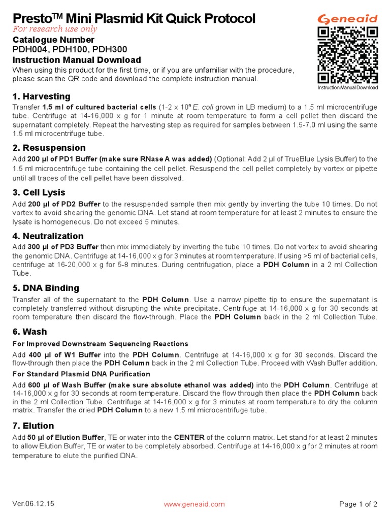 Presto™ Mini Plasmid Kit (PDH) Quick Protocol | PDF | Agarose Gel ...