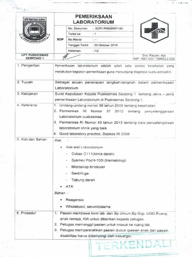 SOP Pemeriksaan Laboratorium Puskesmas | PDF