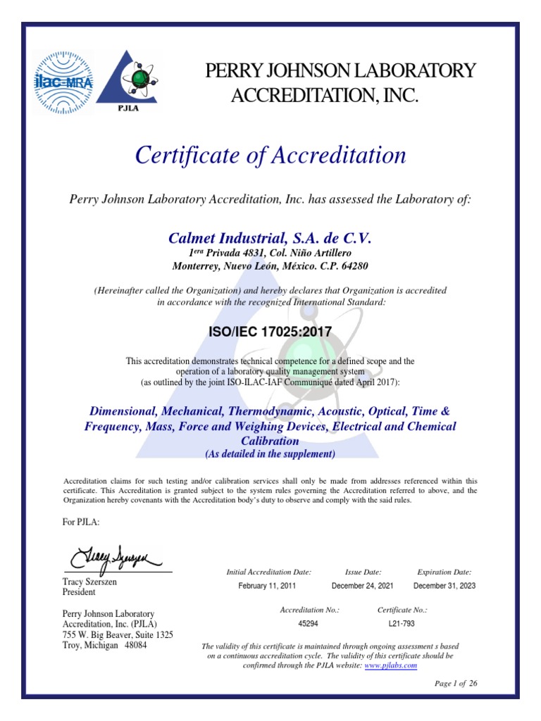 Certificate of Accreditation: Perry Johnson Laboratory Accreditation ...