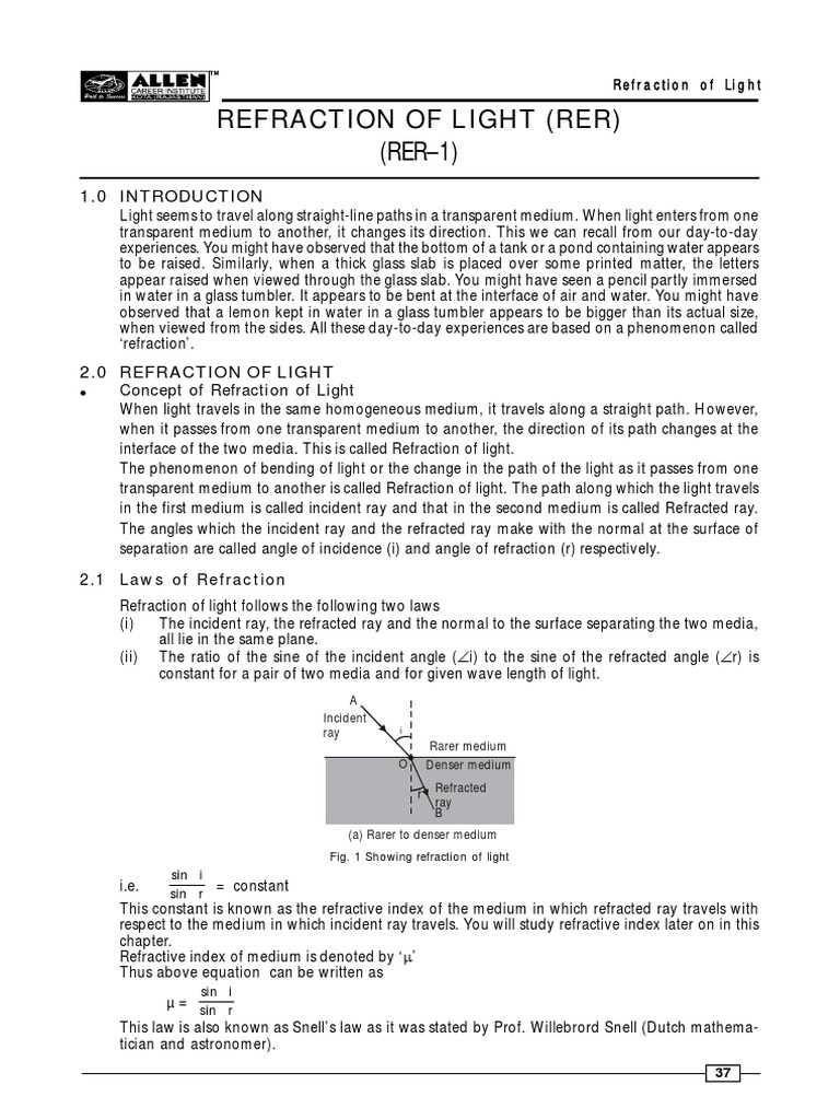 02 - Optics-Refraction (Final) | PDF | Refractive Index | Transmission Medium